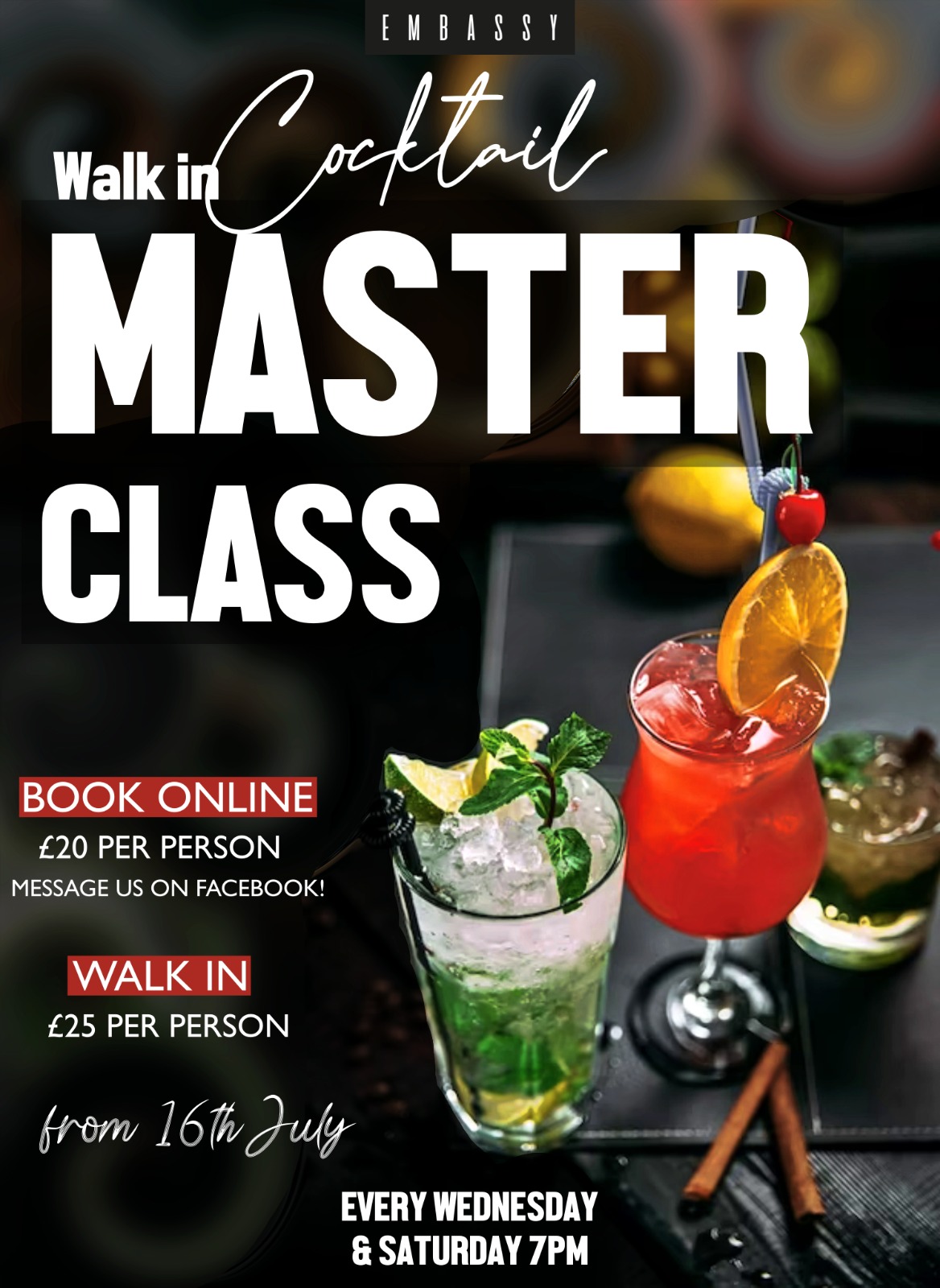 COCKTAIL MASTERCLASS , Wed 6th Dec - Embassy Peterborough - Peterborough